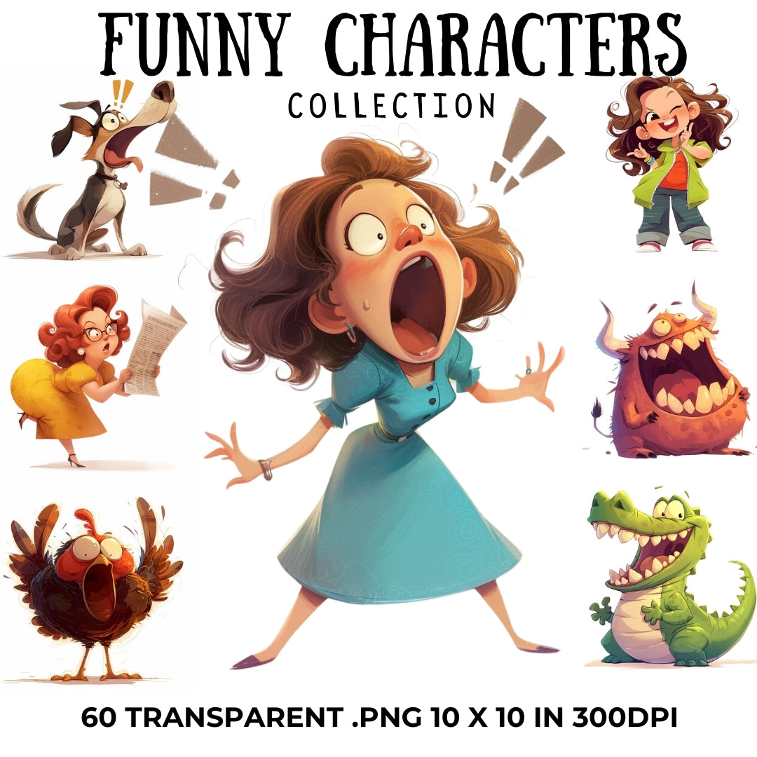 60 Funny Characters Clipart PNG Bundle – mydotprompt