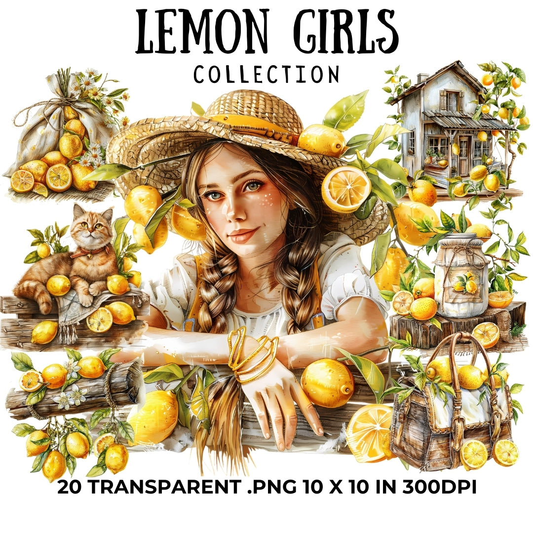 20 Watercolor Lemon Girls PNG Clipart – mydotprompt